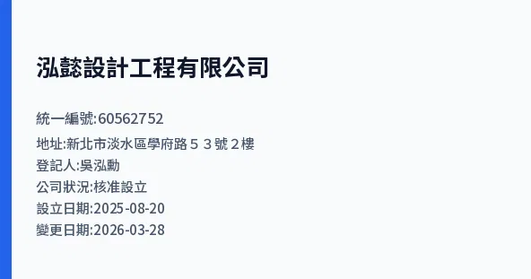 泓懿設計工程有限公司的照片-統編 60562752(新北市) 公司登記資料與營業項目詳細圖表