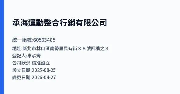 承海運動整合行銷有限公司的照片-統編 60563485(新北市) 公司登記資料與營業項目詳細圖表