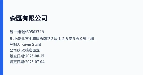 森匯有限公司的照片-統編 60563719(新北市) 公司登記資料與營業項目詳細圖表
