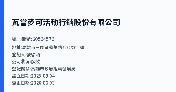瓦當麥可活動行銷股份有限公司的照片-統編 60564576(高雄市) 公司登記資料與營業項目詳細圖表