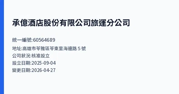 承億酒店股份有限公司旅運分公司的照片-統編 60564689(高雄市) 公司登記資料與營業項目詳細圖表
