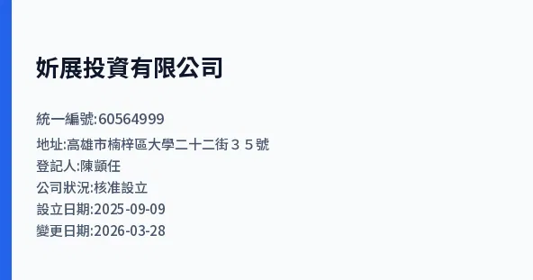 妡展投資有限公司的照片-統編 60564999(高雄市) 公司登記資料與營業項目詳細圖表