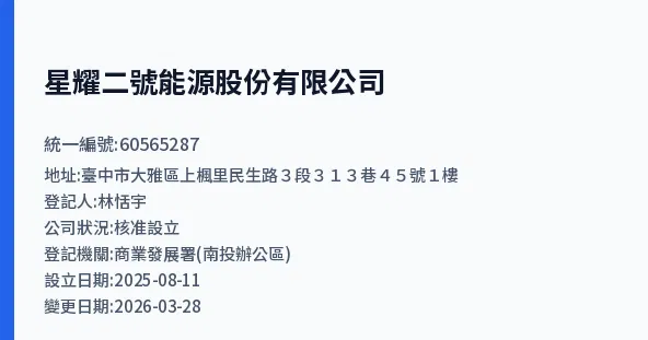 星耀二號能源股份有限公司的照片-統編 60565287(臺中市) 公司登記資料與營業項目詳細圖表