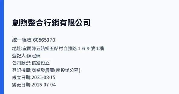 創煦整合行銷有限公司的照片-統編 60565370(宜蘭縣) 公司登記資料與營業項目詳細圖表