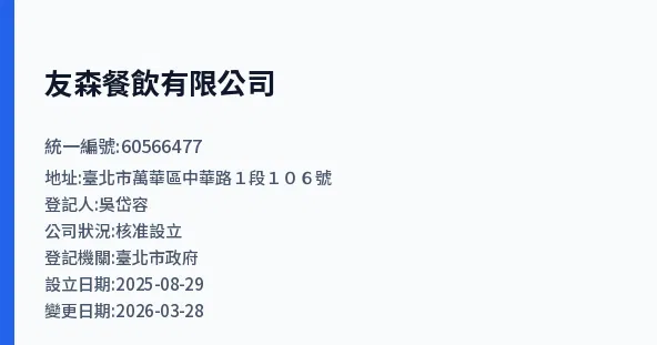 友森餐飲有限公司的照片-統編 60566477(臺北市) 公司登記資料與營業項目詳細圖表