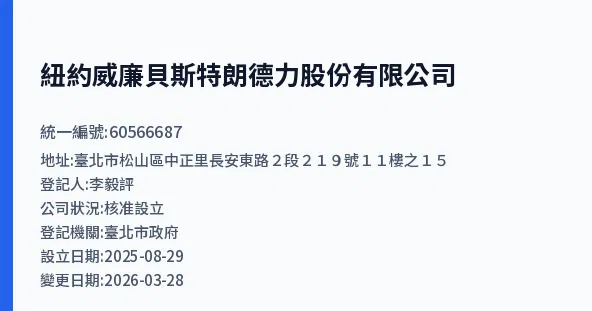 紐約威廉貝斯特朗德力股份有限公司的照片-統編 60566687(臺北市) 公司登記資料與營業項目詳細圖表