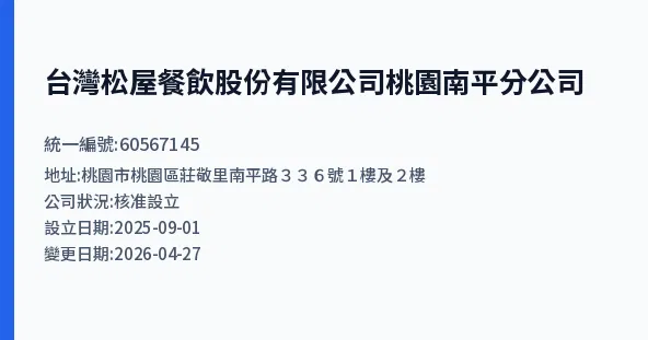 台灣松屋餐飲股份有限公司桃園南平分公司的照片-統編 60567145(桃園市) 公司登記資料與營業項目詳細圖表
