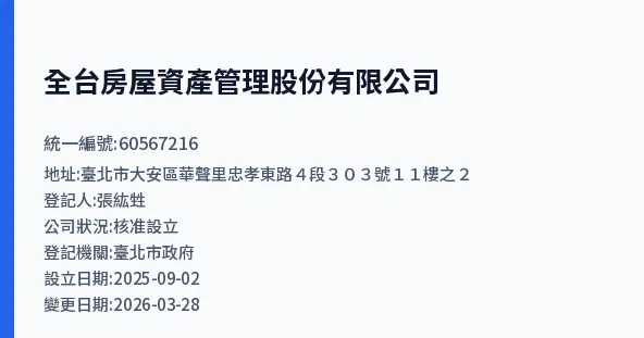 全台房屋資產管理股份有限公司的照片-統編 60567216(臺北市) 公司登記資料與營業項目詳細圖表