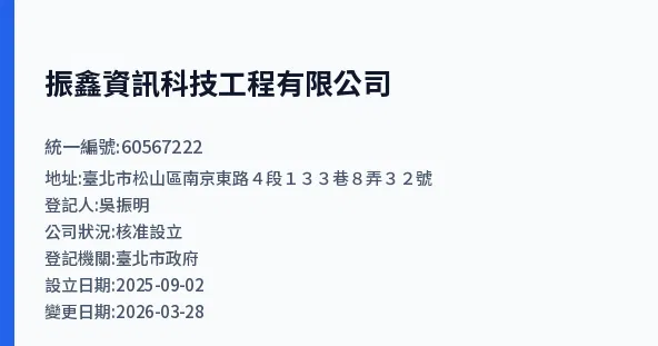 振鑫資訊科技工程有限公司的照片-統編 60567222(臺北市) 公司登記資料與營業項目詳細圖表