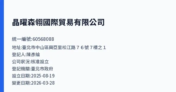 晶曜森翎國際貿易有限公司的照片-統編 60568088(臺北市) 公司登記資料與營業項目詳細圖表