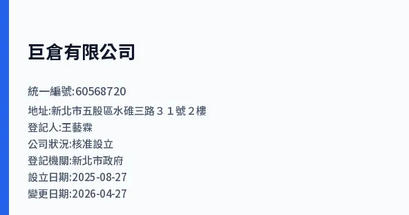 巨倉有限公司的照片-統編 60568720(新北市) 公司登記資料與營業項目詳細圖表