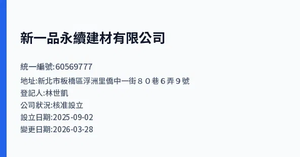新一品永續建材有限公司的照片-統編 60569777(新北市) 公司登記資料與營業項目詳細圖表