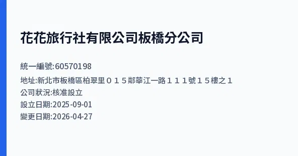 花花旅行社有限公司板橋分公司的照片-統編 60570198(新北市) 公司登記資料與營業項目詳細圖表