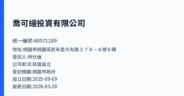喬可縵投資有限公司的照片-統編 60571289(桃園市) 公司登記資料與營業項目詳細圖表