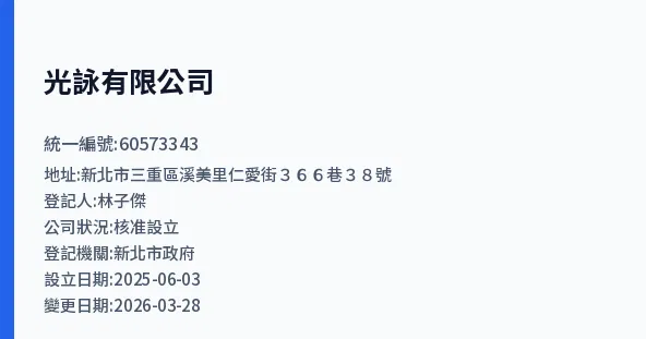 光詠有限公司的照片-統編 60573343(新北市) 公司登記資料與營業項目詳細圖表