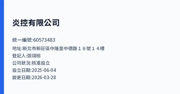 炎控有限公司的照片-統編 60573483(新北市) 公司登記資料與營業項目詳細圖表