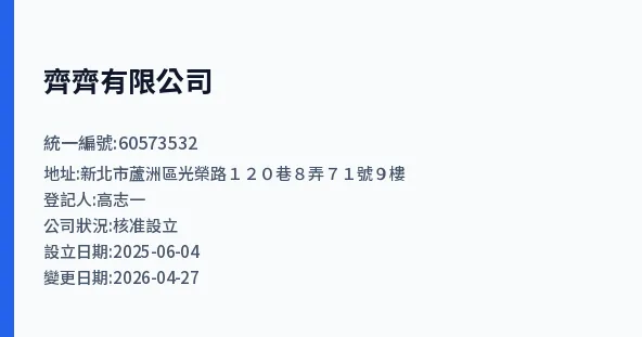 齊齊有限公司的照片-統編 60573532(新北市) 公司登記資料與營業項目詳細圖表