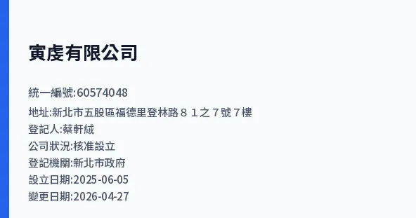 寅虔有限公司的照片-統編 60574048(新北市) 公司登記資料與營業項目詳細圖表