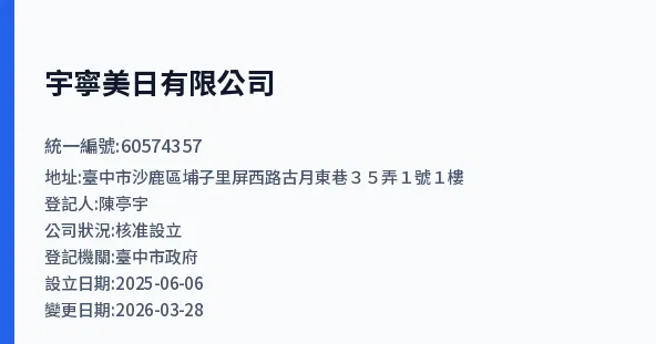 宇寧美日有限公司的照片-統編 60574357(臺中市) 公司登記資料與營業項目詳細圖表