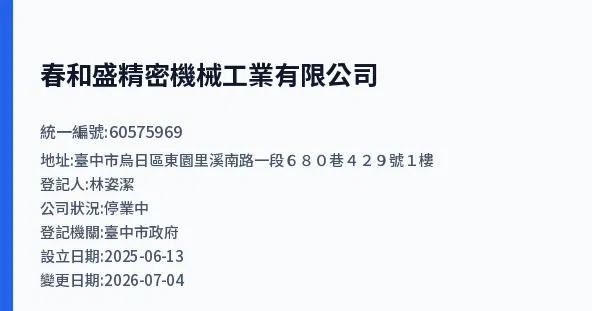 春和盛精密機械工業有限公司的照片-統編 60575969(臺中市) 公司登記資料與營業項目詳細圖表