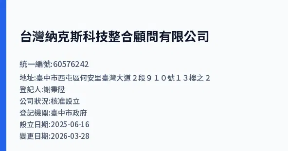 台灣納克斯科技整合顧問有限公司的照片-統編 60576242(臺中市) 公司登記資料與營業項目詳細圖表