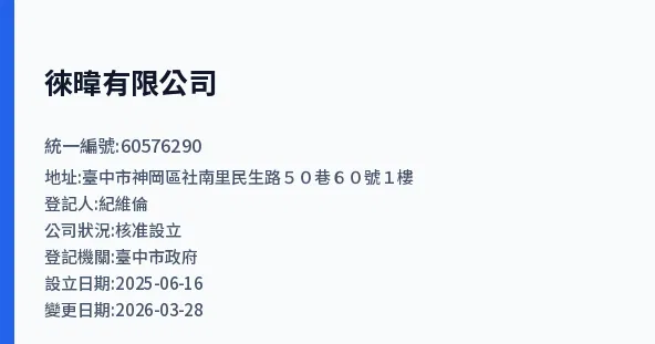 徠暐有限公司的照片-統編 60576290(臺中市) 公司登記資料與營業項目詳細圖表