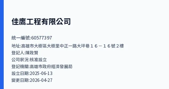 佳鷹工程有限公司的照片-統編 60577397(高雄市) 公司登記資料與營業項目詳細圖表