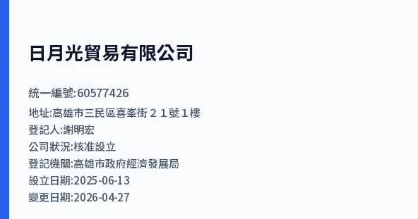 日月光貿易有限公司的照片-統編 60577426(高雄市) 公司登記資料與營業項目詳細圖表