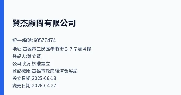賢杰顧問有限公司的照片-統編 60577474(高雄市) 公司登記資料與營業項目詳細圖表