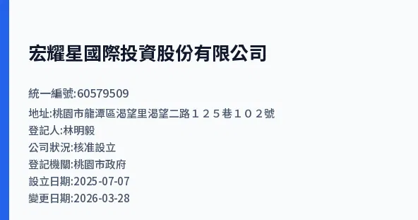 宏耀星國際投資股份有限公司的照片-統編 60579509(桃園市) 公司登記資料與營業項目詳細圖表
