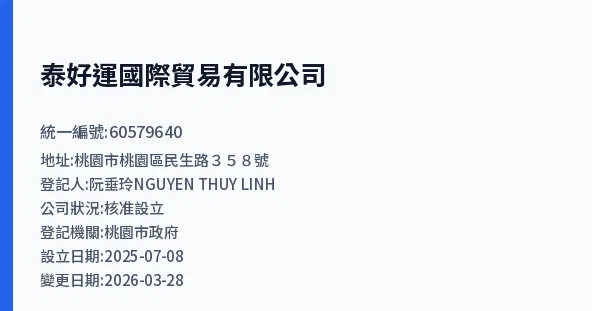 泰好運國際貿易有限公司的照片-統編 60579640(桃園市) 公司登記資料與營業項目詳細圖表