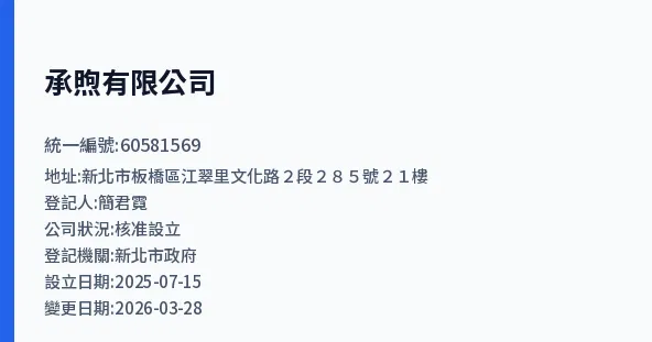 承煦有限公司的照片-統編 60581569(新北市) 公司登記資料與營業項目詳細圖表