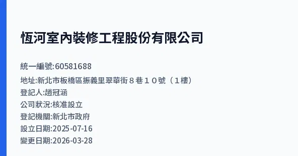 恆河室內裝修工程股份有限公司的照片-統編 60581688(新北市) 公司登記資料與營業項目詳細圖表