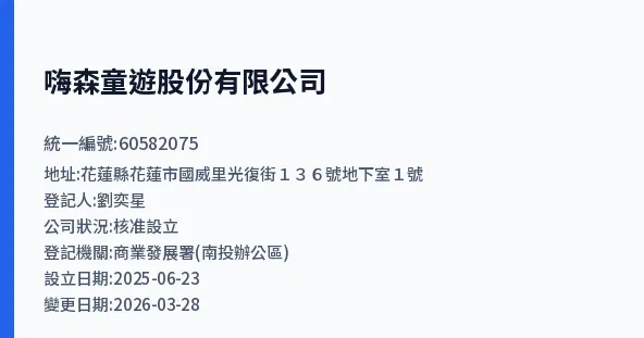 嗨森童遊股份有限公司的照片-統編 60582075(花蓮縣) 公司登記資料與營業項目詳細圖表