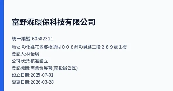 富野霖環保科技有限公司的照片-統編 60582321(彰化縣) 公司登記資料與營業項目詳細圖表