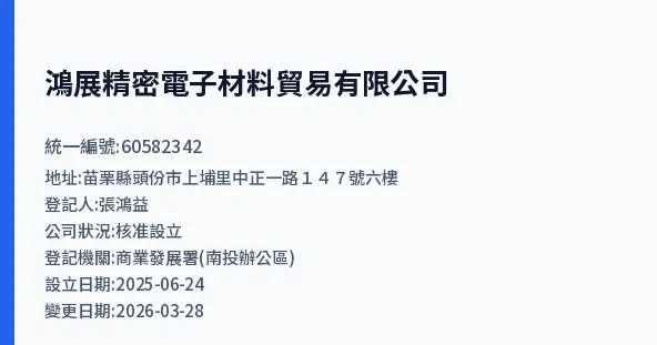 鴻展精密電子材料貿易有限公司的照片-統編 60582342(苗栗縣) 公司登記資料與營業項目詳細圖表