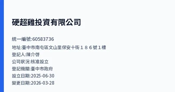 硬超雞投資有限公司的照片-統編 60583736(臺中市) 公司登記資料與營業項目詳細圖表
