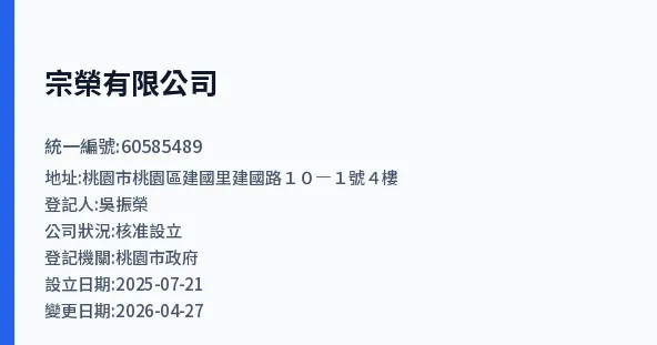 宗榮有限公司的照片-統編 60585489(桃園市) 公司登記資料與營業項目詳細圖表