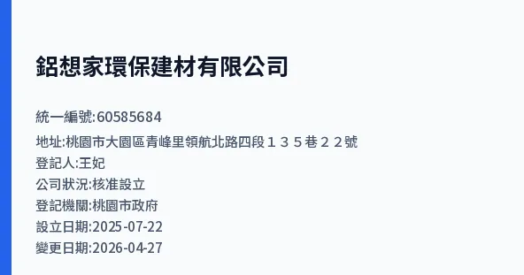 鋁想家環保建材有限公司的照片-統編 60585684(桃園市) 公司登記資料與營業項目詳細圖表