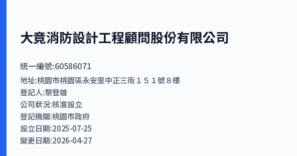 大竟消防設計工程顧問股份有限公司的照片-統編 60586071(桃園市) 公司登記資料與營業項目詳細圖表