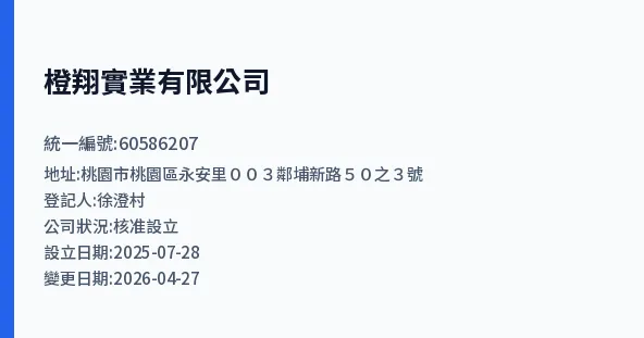 橙翔實業有限公司的照片-統編 60586207(桃園市) 公司登記資料與營業項目詳細圖表