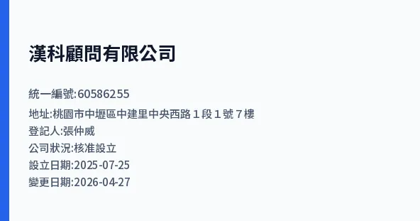 漢科顧問有限公司的照片-統編 60586255(桃園市) 公司登記資料與營業項目詳細圖表