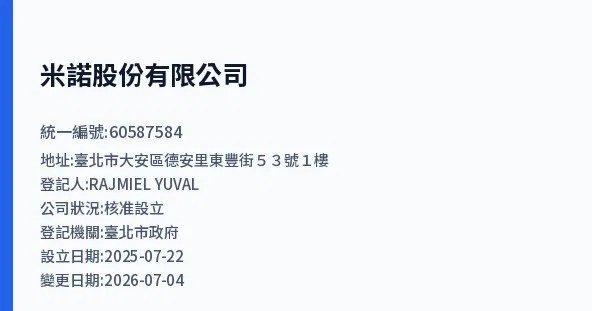 米諾股份有限公司的照片-統編 60587584(臺北市) 公司登記資料與營業項目詳細圖表