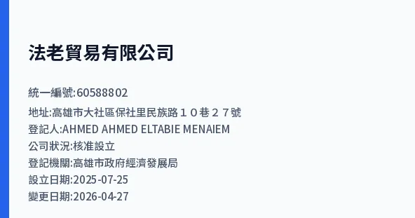 法老貿易有限公司的照片-統編 60588802(高雄市) 公司登記資料與營業項目詳細圖表