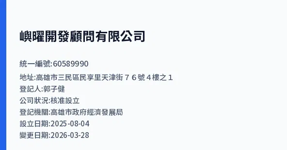 嶼曜開發顧問有限公司的照片-統編 60589990(高雄市) 公司登記資料與營業項目詳細圖表
