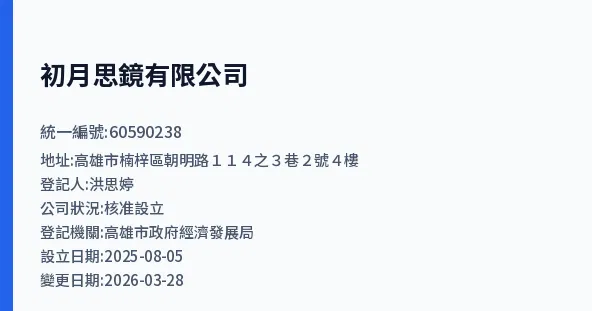 初月思鏡有限公司的照片-統編 60590238(高雄市) 公司登記資料與營業項目詳細圖表