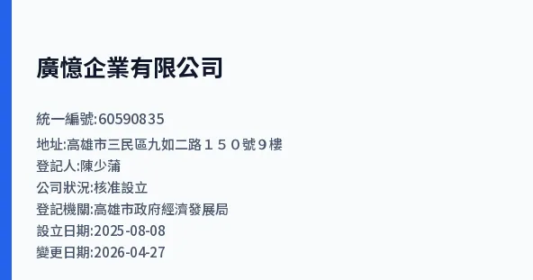 廣憶企業有限公司的照片-統編 60590835(高雄市) 公司登記資料與營業項目詳細圖表