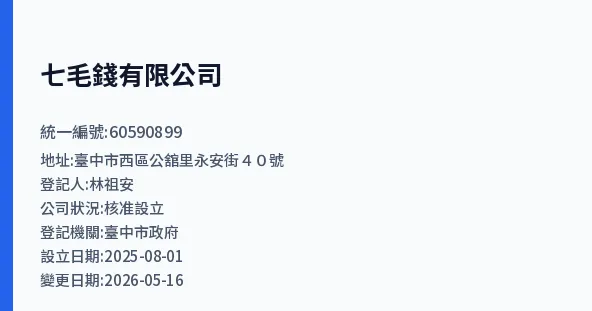 七毛錢有限公司的照片-統編 60590899(臺中市) 公司登記資料與營業項目詳細圖表