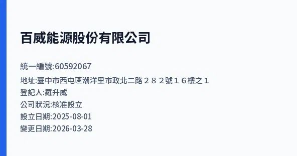 百威能源股份有限公司的照片-統編 60592067(臺中市) 公司登記資料與營業項目詳細圖表