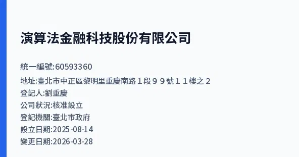 演算法金融科技股份有限公司的照片-統編 60593360(臺北市) 公司登記資料與營業項目詳細圖表